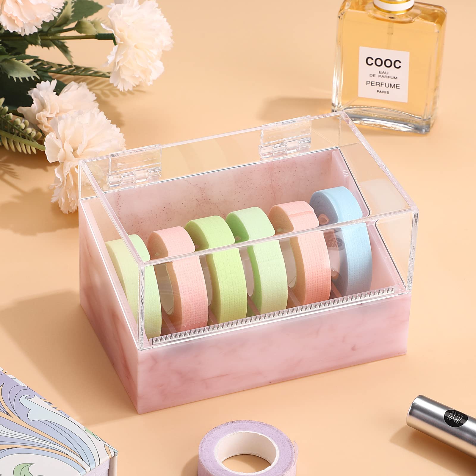 Noverlife 6 Grids Dustproof Eyelash Tape Dispenser, Marble False Eyelash Tape Cutter Roll Tape Holder, Adhesive Eyelash Extension Tape Separator Storage Box, Lash Extension Tape Cutting Machine