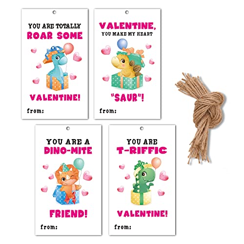 Valentine's Day Gift Tags, 40 Pcs Valentine Paper Tags with String, Dinosaur Themed Valentine Favor Tag for Kids, School Valentine Treat Tag, Valentine's Day Party Supplies Decorations(A02)