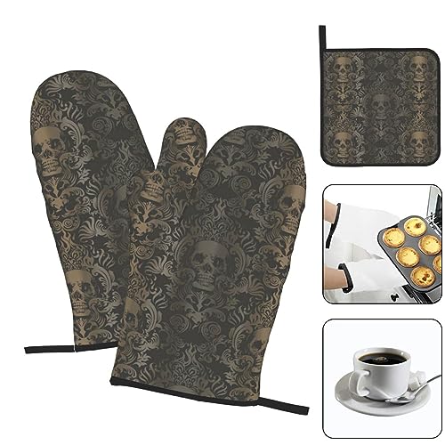 Gothic Wallpaper Skull Printed Oven Mitt and Pot Holders Set of 3 Non-Slip Cooking Gloves Heat Resistant Hot Pads for Kitchen BBQ Baking