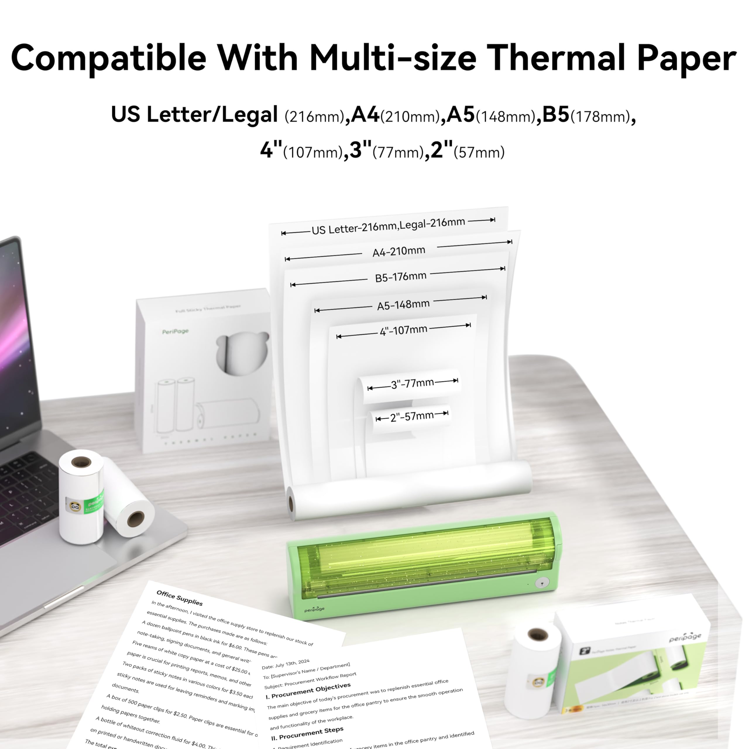 PeriPage P80 Portable Printer,Thermal Wireless Bluetooth Printer Support 8.5" X 11" US Letter & Legal,A4 Thermal Paper, Inkless Printer Compatible with iOS, Android Phone,Laptops (Green 203dpi)