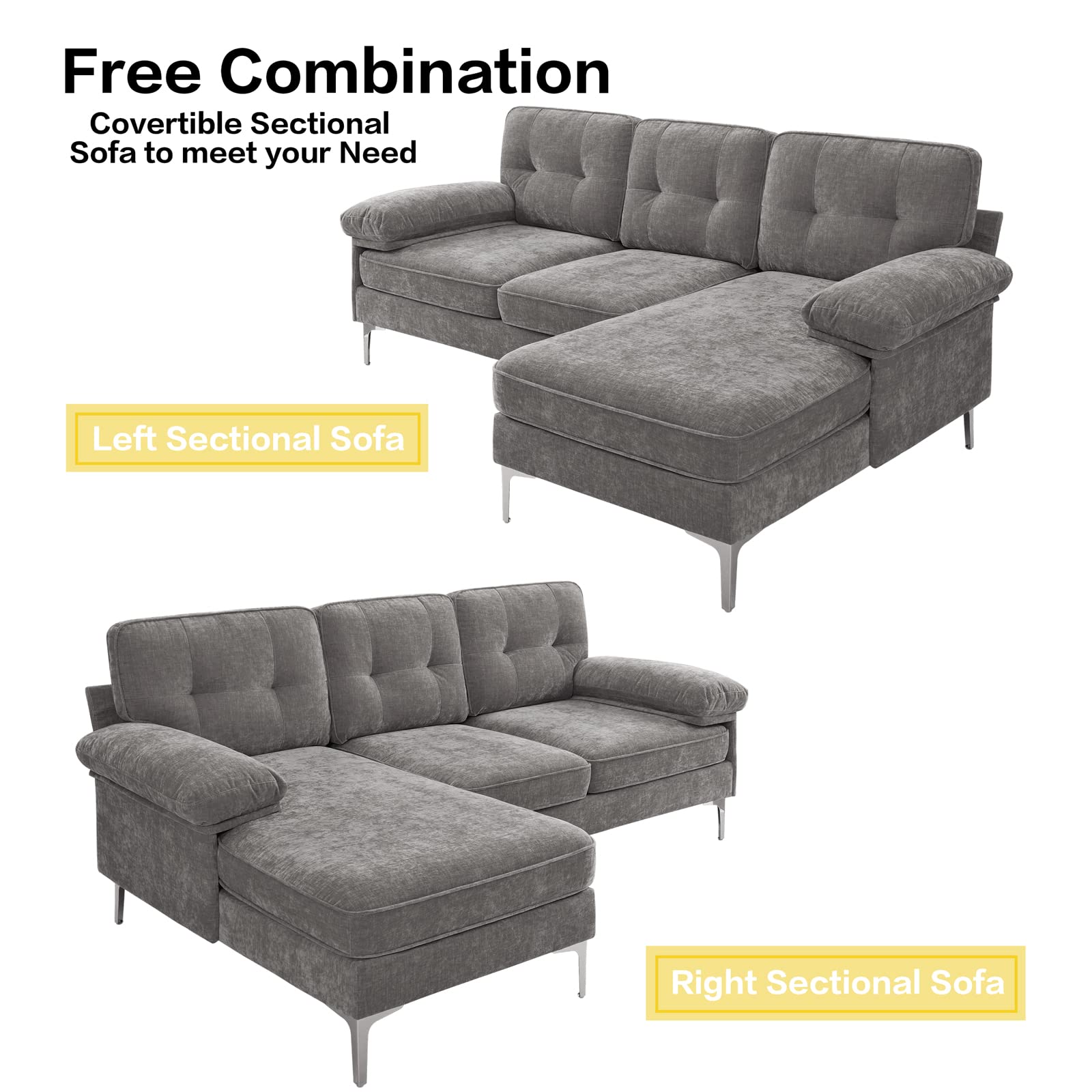 TEKAMON 82.7" Sectional Sofa Couch with Chaise, 3 Seats L Shape Reversible Sofa, Comfy Modern Chenille Fabric Convertible Couch for Living Room, Apartment, Small Spaces with Removable Covers, Grey