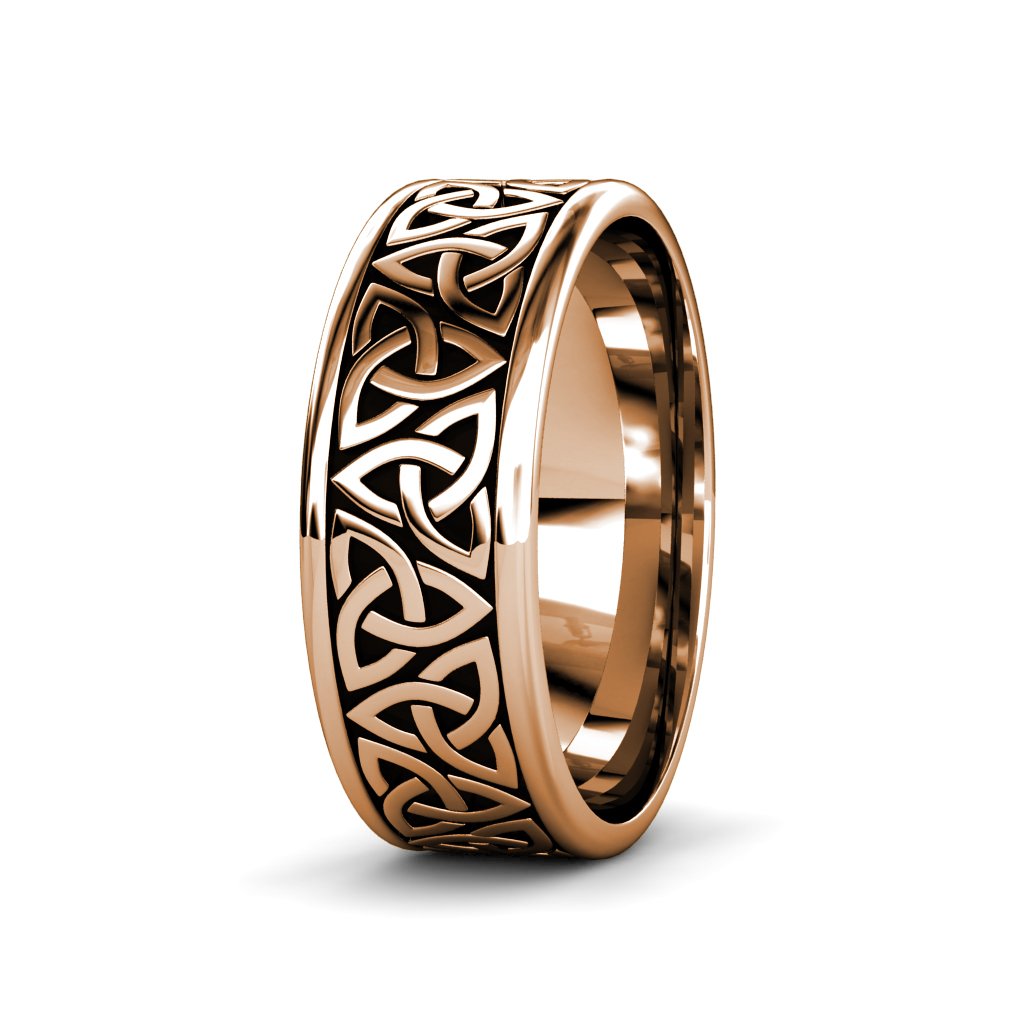 High Polish 7mm Black Rhodium Plated Flat Celtic Trinity Knot Unisex Wedding Band 14K Rose Gold.Size 13.0
