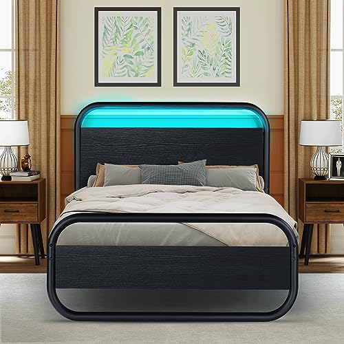 Twin Bed Frame with Headboard LED Bed Frame Twin Size Platform Bed Frame Heavy Duty Metal Rustic Bed Frame Twin Wood Platform Bed Frame Under Bed Storage Noise Free No Box Spring Needed (Twin, Black)