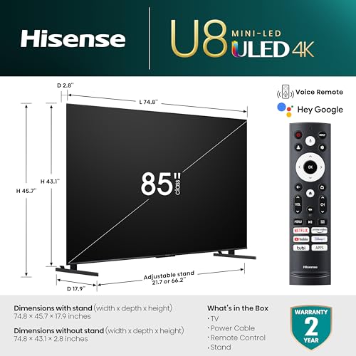 Hisense 85-Inch Class U8 Series Mini-LED ULED 4K UHD Google Smart TV (85U8K) - QLED, 480 Motion Rate, 144Hz Game Mode Pro, Dolby Vision IQ, HDMI 2.1, Alexa Compatibility, 2.1.2 Multi-Channel Audio