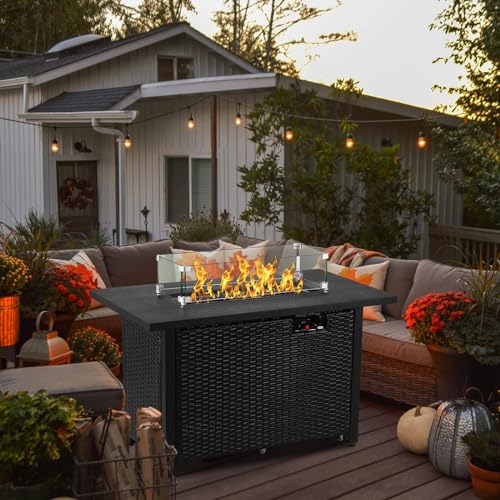 HANLIKO 42 Inch Outdoor Propane Gas Fire Pit Table, 50,000 BTU Auto-Ignition Gas Firepit with Glass Wind Guard, Alloy Wood Grain Tabletop, Black