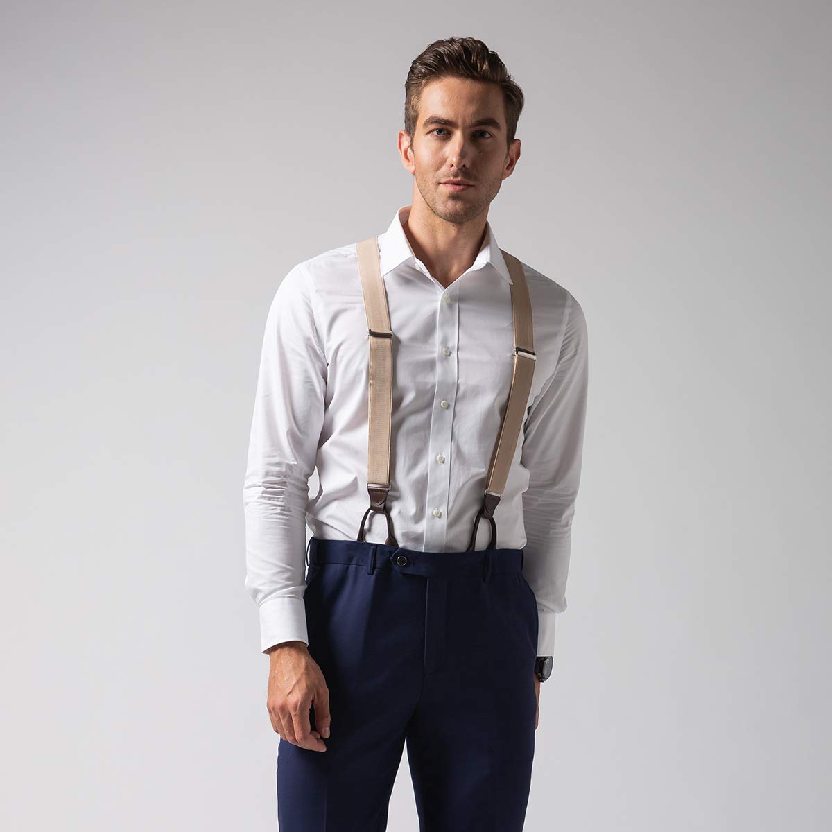 Grade Code Mens Button End Suspenders 49 Inch Y-Back Adjustable Elastic Tuxedo Suspenders (Black)