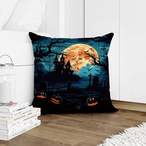 Halloween Moon Pillow Covers Pumpkin Ghost Moon Cute Washable Couch Decorative Pack of 2 Soft Linen Pillow Covers Living Room Bedroom Dorm,Blue,18x18 Inch