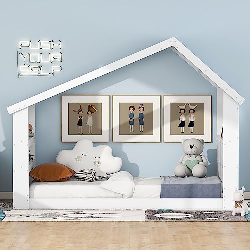 Twin House Bed Kids Floor Bed with Roof and Window, Solid Wood Montessori Bed with LED Light, Low Floor Twin Bed Frame for Kids Girls Boys, No Box Spring Needed (White)