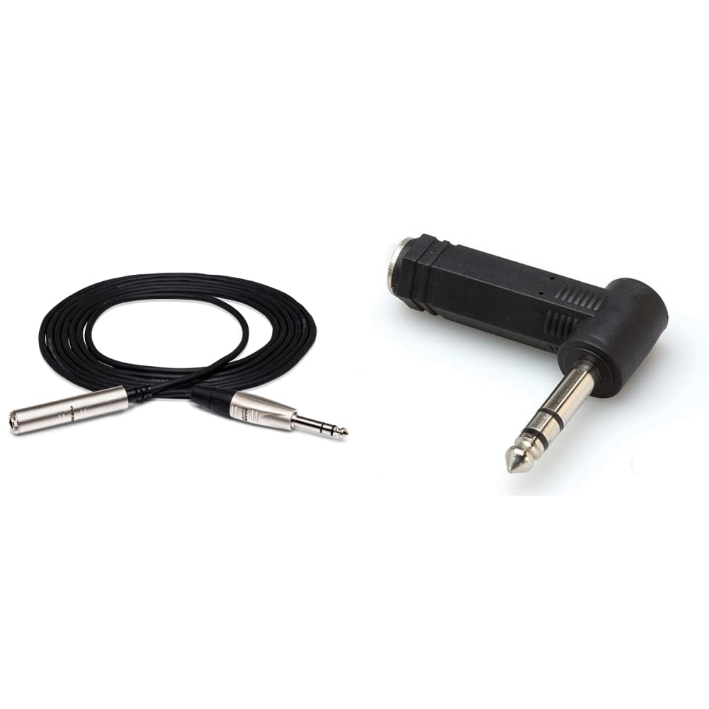 Hosa HXSS-005 REAN 1/4" TRS to 1/4" TRS Pro Headphone Extension Cable, 5 Feet & GPP-273 1/4" TRS to 1/4" TRS Right Angle Adaptor