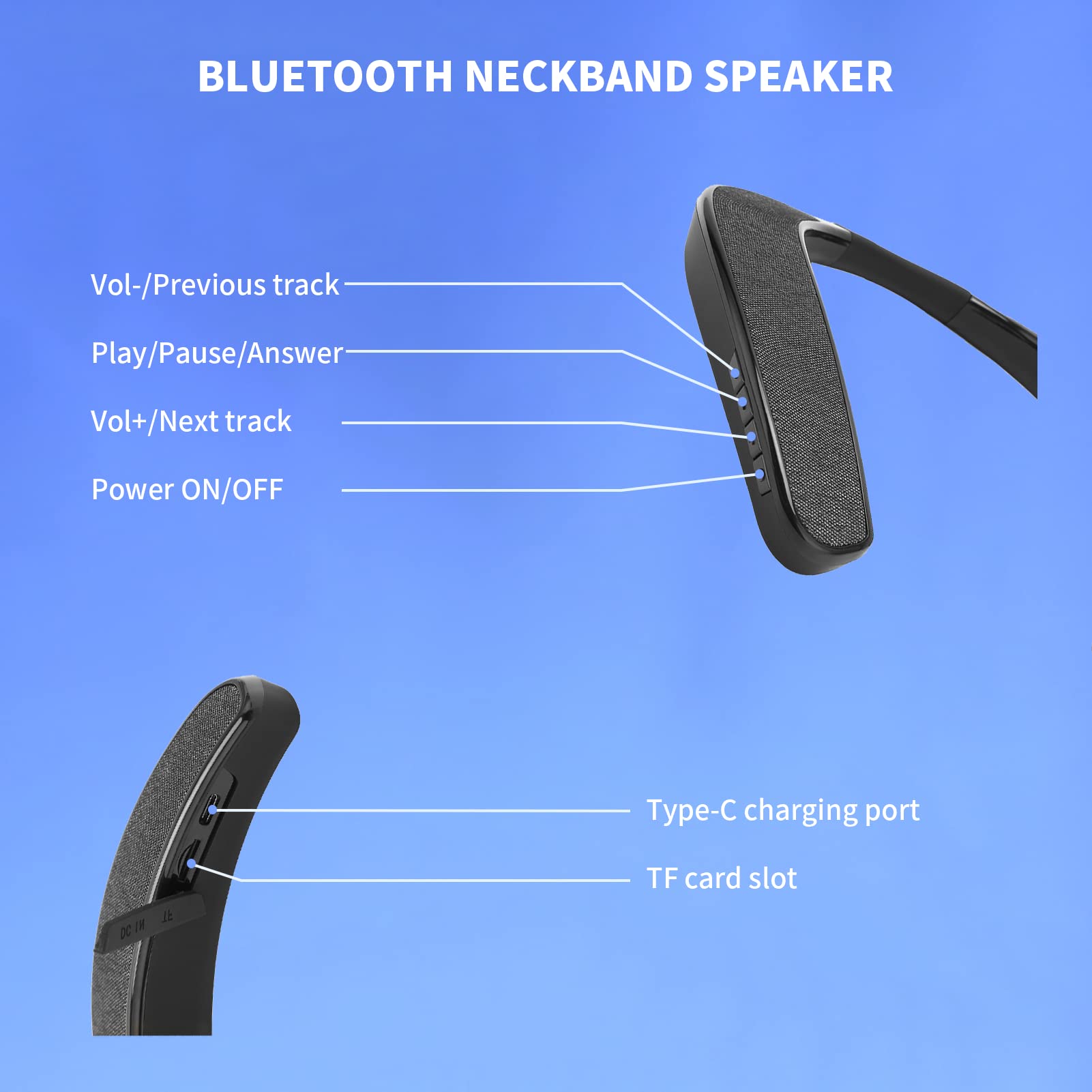 Gugxiom Neckband Bluetooth Speaker, Neck Speaker, Portable Portable Speaker, Built in 3W x 2 Speaker System, with Noise Canceling Mic, BT5.3, for Home Sports Im