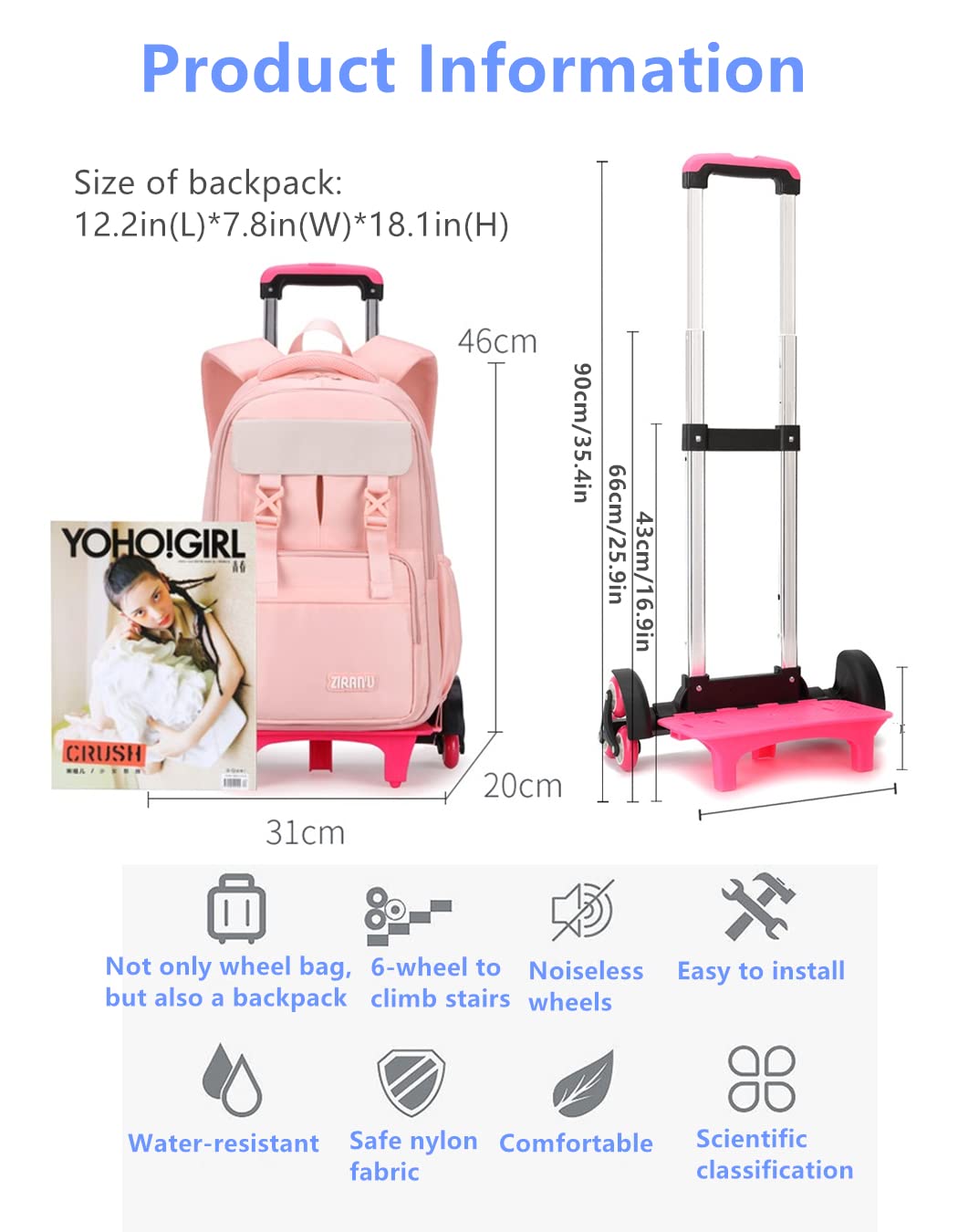 Gradient-Star Girls Rolling Backpacks for School, Capacity School Bags Bookbags for Teens Girls with 2 Wheels