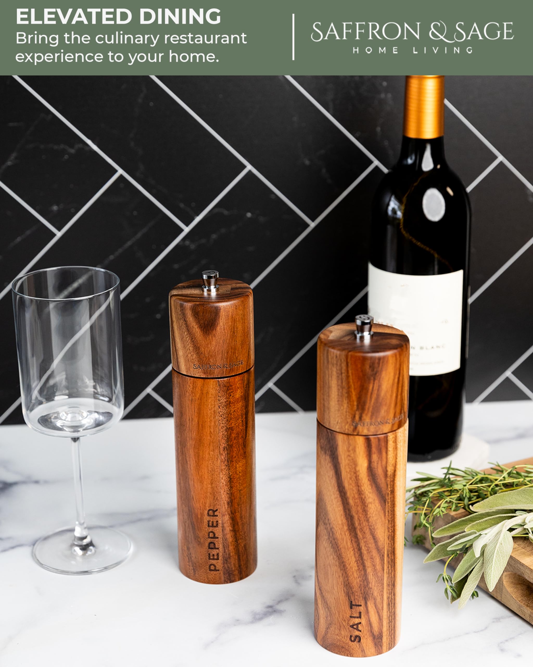 Saffron & Sage Premium Acacia Wood Salt and Pepper Grinder Set of 2-8β Tall Salt and Peppercorn Mill with Adjustable Coarse Settings, Rust Resistant, Smooth and Quality Grinding Mechanism