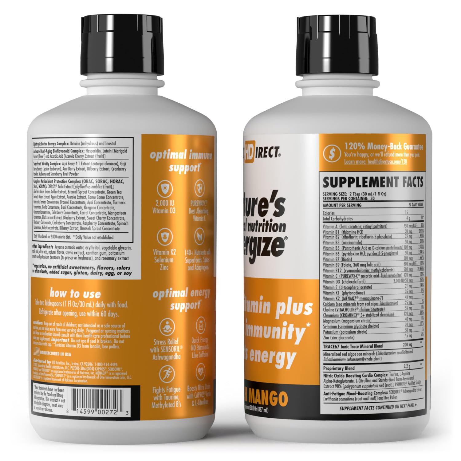 HEALTH DIRECT - Nature's Optimal Nutrition Energize Liquid Multivitamin Superfood - 140+ Nutrients - Mental Clarity & Energy - Immune & Cardiovascular Support β 30 Servings β Peach Mango