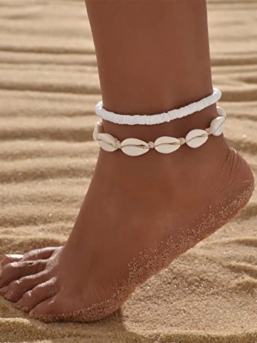 Verdusa Women's 2 Piece Ankle Bracelets Set Shell Anklet Chain Adjustable Foot Jewelry White one-size