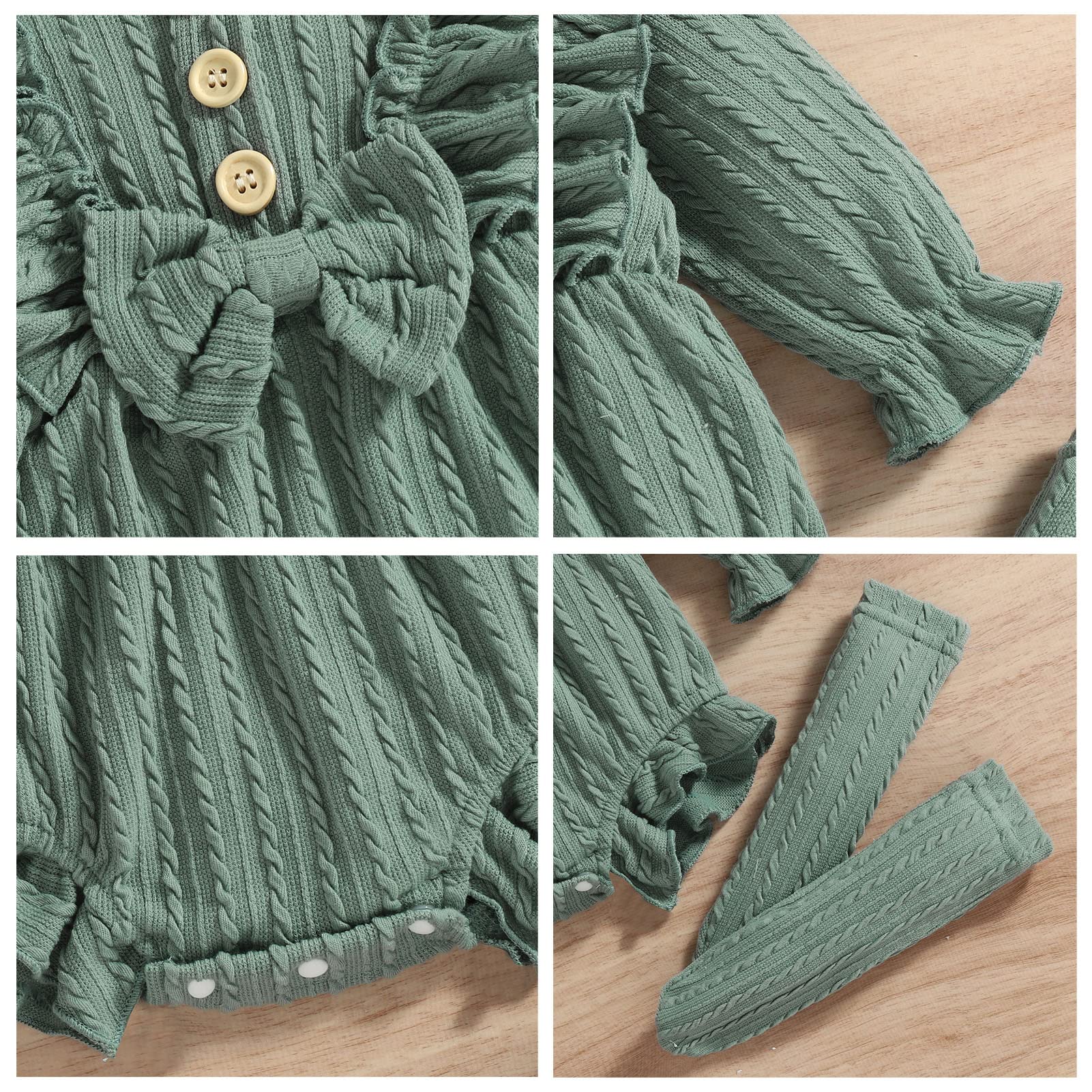 GRNSHTS Newborn Baby Girl Clothes Ruffle Solid Sweater Romper Long Sleeve Button Bodysuit+Hairband+Socks 3Pcs Fall Winter Outfits(Green,6-9 Months)