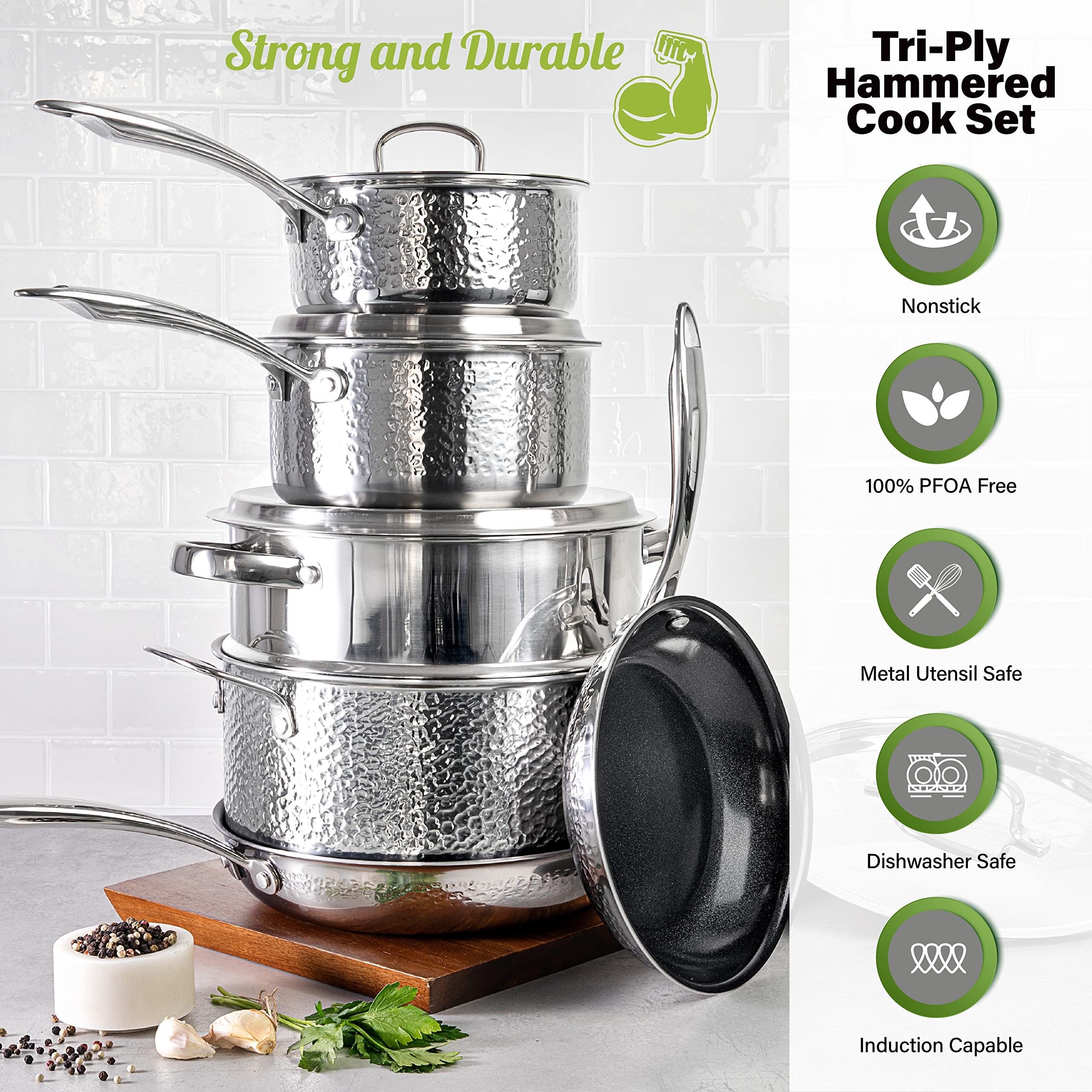 Granitestone Stainless Steel Pots and Pans Set Nonstick, 10 Pc Ceramic Kitchen Cookware Set, Induction Capable, Long Lasting Nonstick, Hammered Design, Cool Handles, Dishwasher Safe, 100% Toxin Free