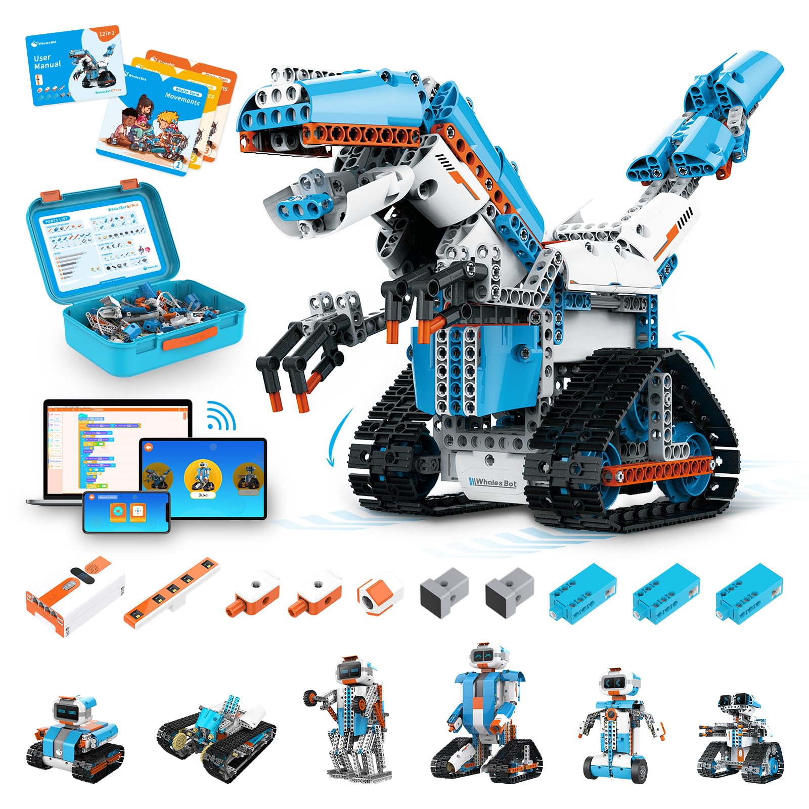WhalesBot E7 Pro 12-in-1 STEM APP Coding Robot Kit, Scratch Programming for Kids, 637-Piece Educational Building Set with Interactive Books & APP 3D Model Guidance, Toy Gift for Boys & Girls Ages 8-12
