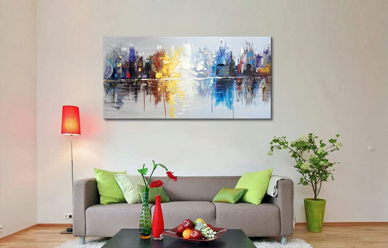 Hand Painted Modern Cityscape Textured Oil Painting on Canvas Reflection Abstract City Wall Art Decor