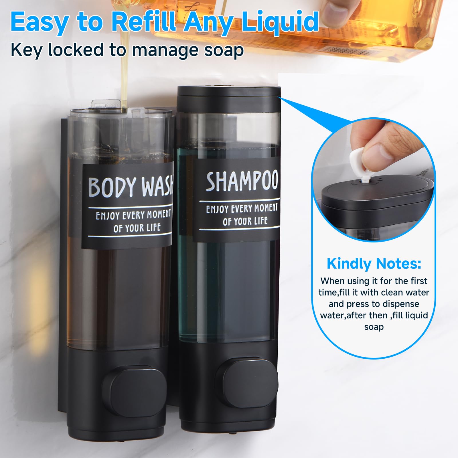 Shampoo and Conditioner Dispenser,GlintGath Shower Dispenser 2 Chamber No Drill Shampoo Dispenser for Shower Wall Mounted Shower Soap Dispenser for Bathroom Hotel,2 * 300ML,Matte Black