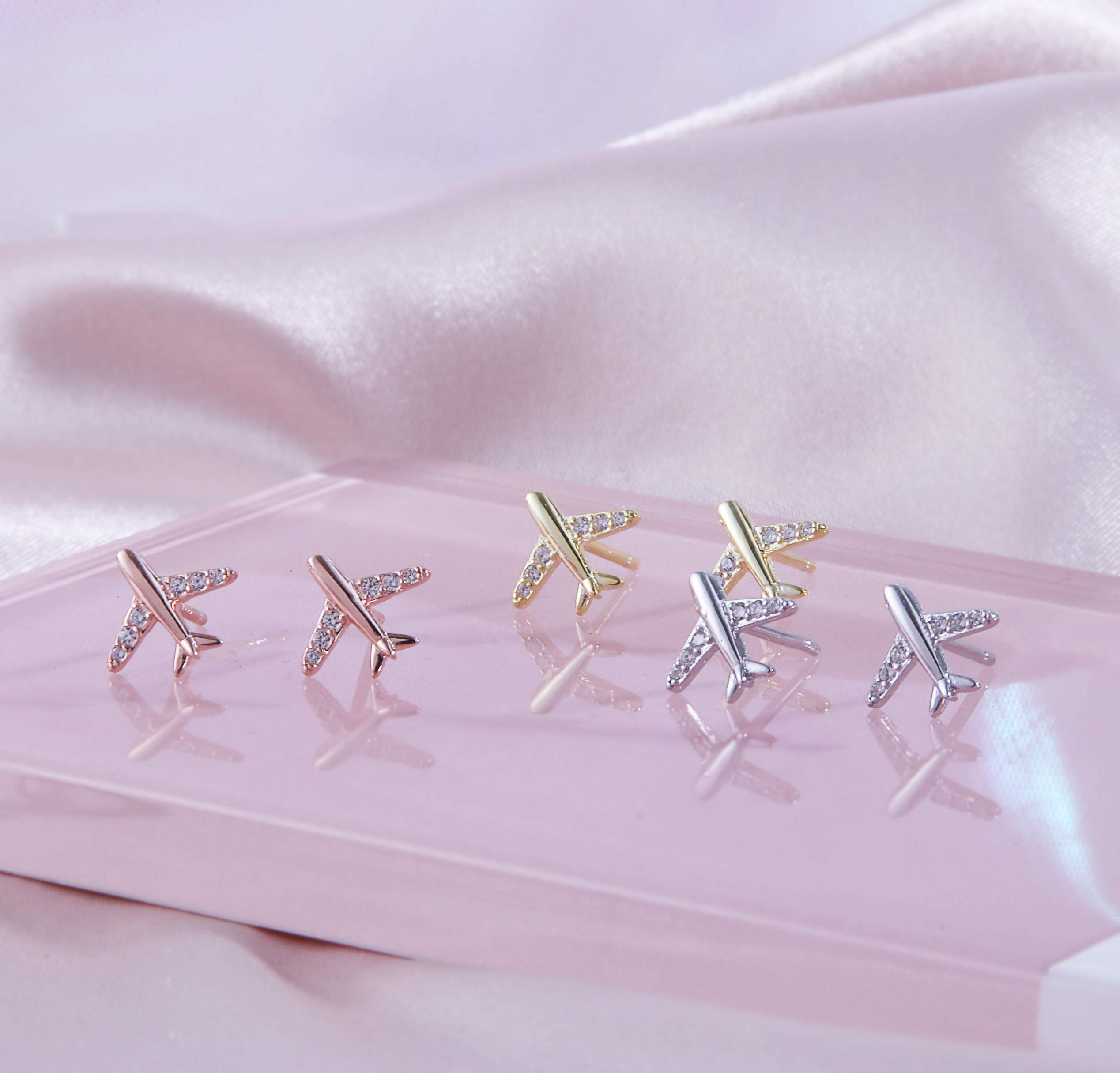 Helen de Lete Airplane Rhinestone Plane S925 Sterling Silver Stud Earrings (Silver) For Women