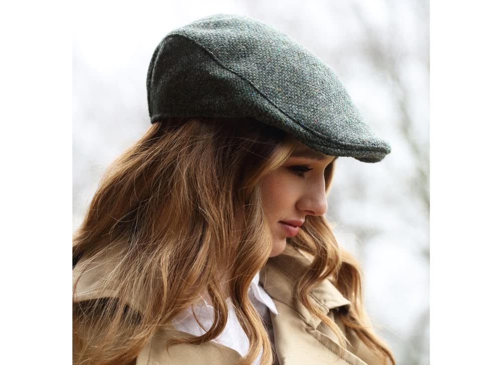 Hanna Hats Traditional Irish Tweed Wool Donegal Touring Cap - Dark Green Fleck Salt & Pepper. Unisex Flat Style Ivy Hat. Sewn Down Peak and Taffeta Lining. 100% Made in Ireland Medium 58-59cm.