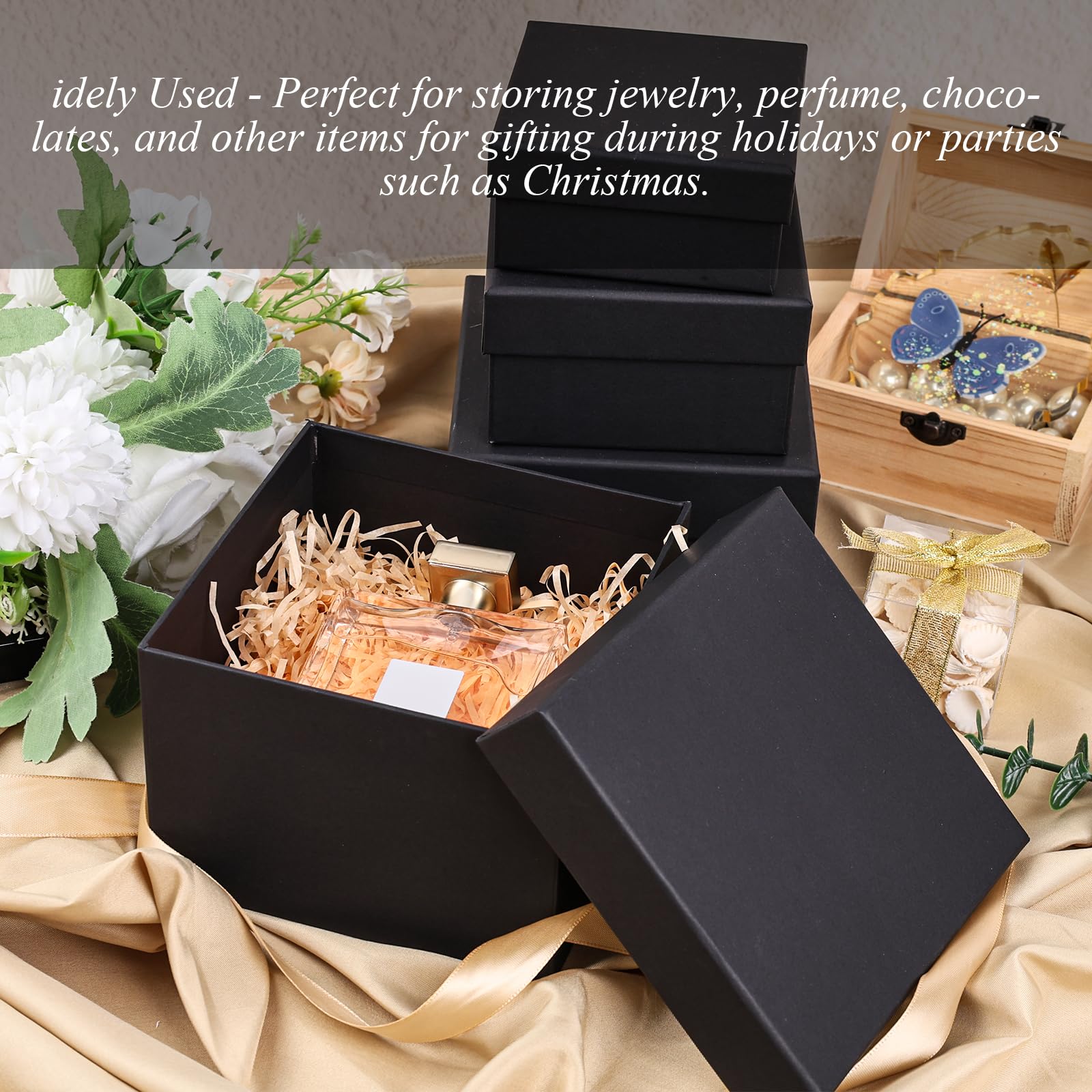 Shindel 4PCS Black Gift Boxes, Nesting Gift Boxes with Lids, Stackable Gift Boxes Square Gift Boxes, 4 Assorted Gift Boxes Different Sizes With Ribbon For Birthday Christmas Halloween