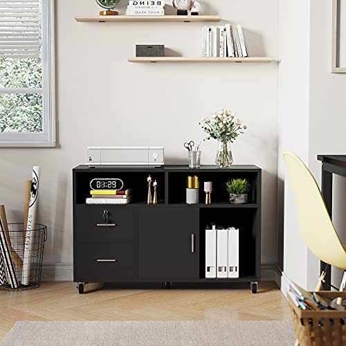 YITAHOME Wood File Cabinet, 2 Drawer Mobile Lateral Storage Cabinet Printer Stand with Lock and Open Storage Shelves for Home Office, Black,Drawers Without Hanging Bars