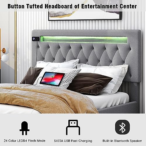 Ucloveria Queen Bed Frame with Bluetooth Audio & Charging Station & LED Lights, Upholstered Platform Bed with Button Tufted Adjustable Headboard, Hydraulic Storage, No Box Spring Needed, Gray
