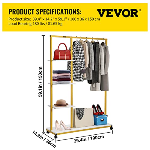 VEVOR Clothing Garment Rack, 39.4"x14.2"x59.1", Heavy-duty Clothes Rack w/Bottom Shelf & Extra 3 Side Shelves, 4 Swivel Casters, Rolling Clothes Organizer for Laundry Room Retail Store Boutique, Gold