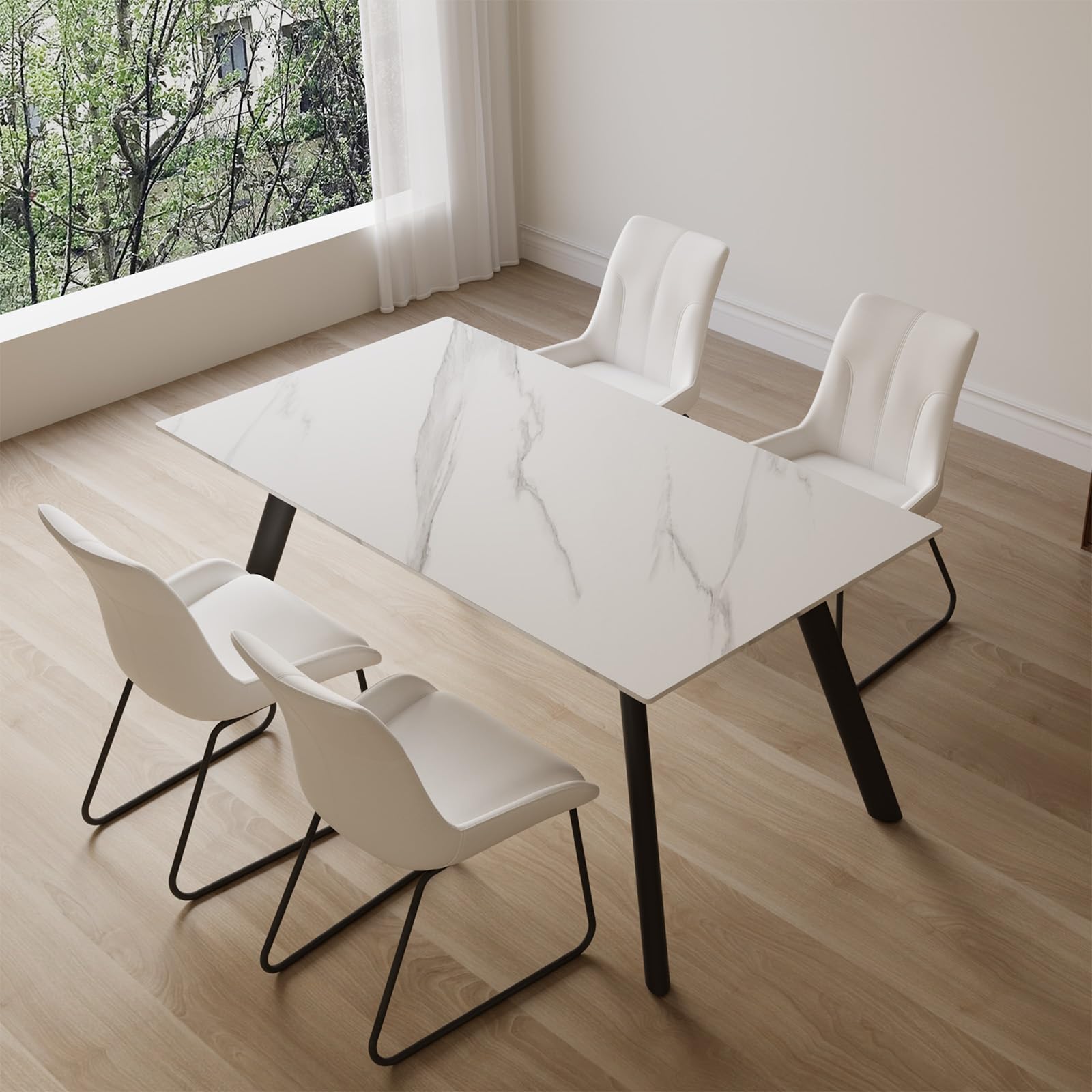 HIPIHOM Modern Dining Table Set for 4, Rectangular White Dining Sintered Stone Table and Chairs Set 4 for Home, Kitchen, Living Room, Dining Room (Table+4 Off-white Chairs)