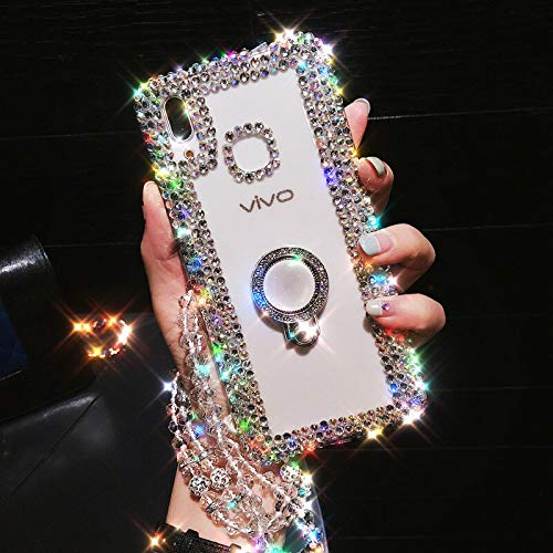 HFICY Sparkly Phone Case with Glass Screen Protector and Crystals Lanyard,Full Bling Diamonds Crystals Soft Protective Cover for Girls Women (Ring holder,for Samsung Galaxy A40)