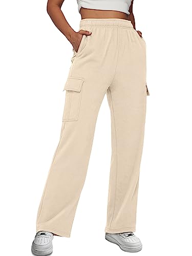 Womens Fleece Cargo Sweatpants Y2K Baggy Fleece Elastic Parachute Pants Fall Outfits Gym Lounge Trousers with Pockets Apricot