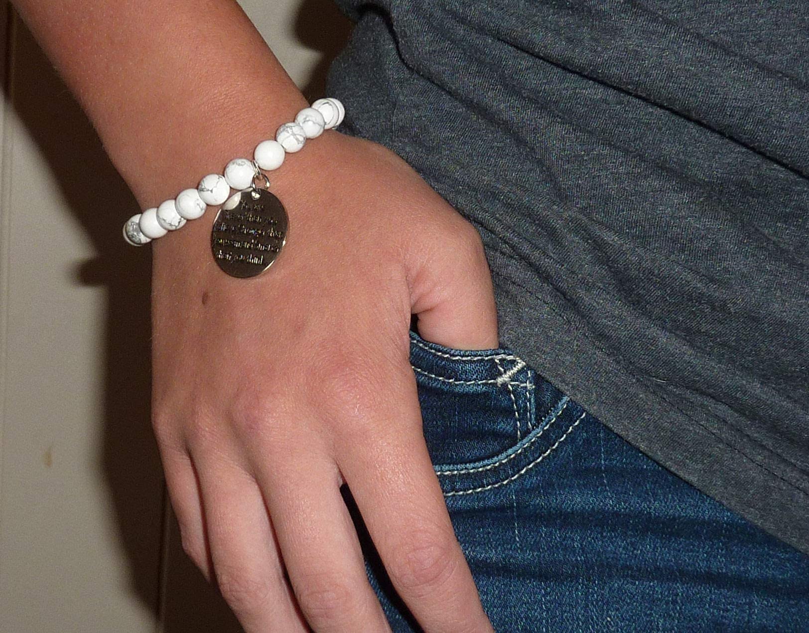 Hidden Hollow Beads Howlite Natural White Stone Women's Stretch Bracelet, Inspirational Message Charm (Be Stronger Than the Storm)