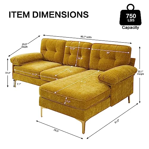 TEKAMON Yellow Sectional Sofa Couch for Living Room, Samll couches for Small Spaces, Chenille Fabric L- Shaped Sofa, Modern Loveseat Sofa with Chaise, Removable Covers,Convertible/Reversible Couch