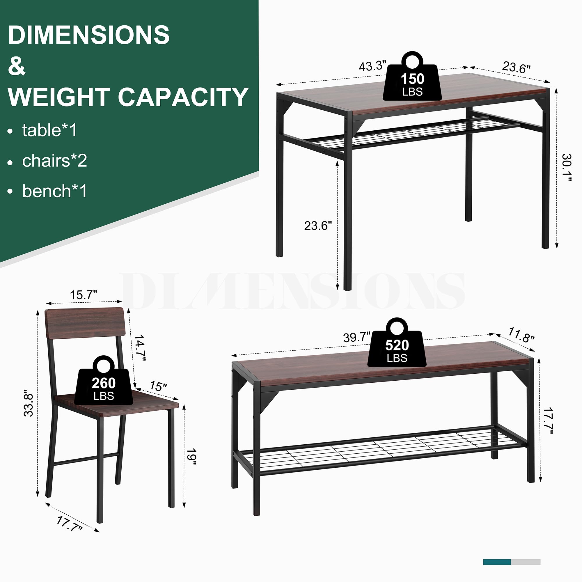 Shintenchi Kitchen Table Chairs Set of 4, Dining Table Set for 4 with Bench and Chairs, 4 Pieces Kitchen Table Set with Storage Rack & Metal Frame for Small Space, Brown