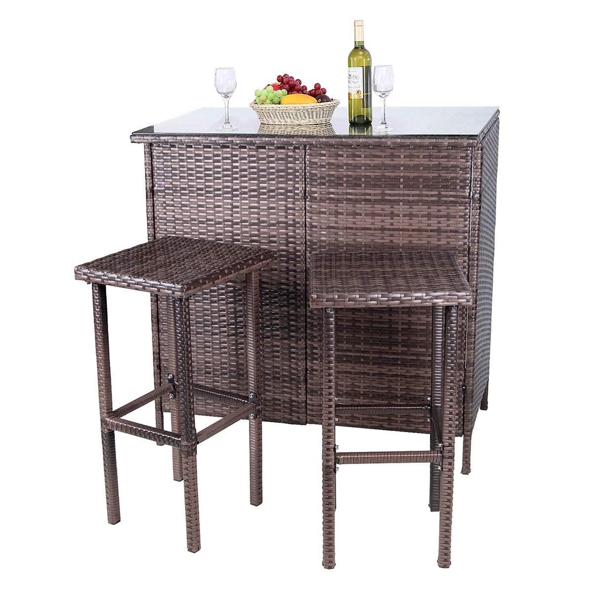 Polar Aurora 3PCS Patio Bar Set with Stools and Glass Top Table Patio Wicker Outdoor Furniture with Blue Removable Cushions for Backyards, Porches, Gardens or Poolside