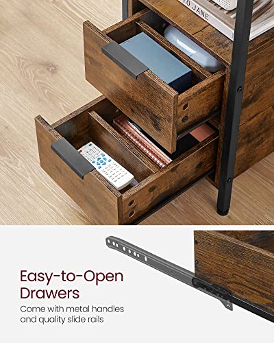 VASAGLE Side Table with Charging Station, Narrow End Table with 2 Drawers, Slim Nightstand and Bedside Table with Storage, for Small Spaces, Rustic Brown and Black ULET321B01
