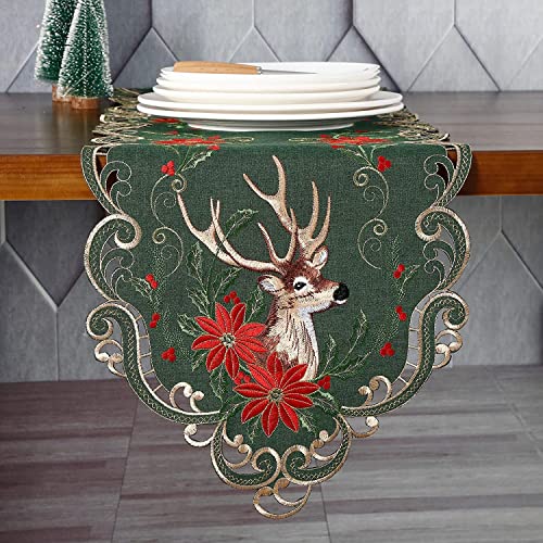 GRANDDECO Christmas holiday table runner 13X45 with Christmas deer and poinsettia crafts (Green, Table Runner 13X45(33X114cm))