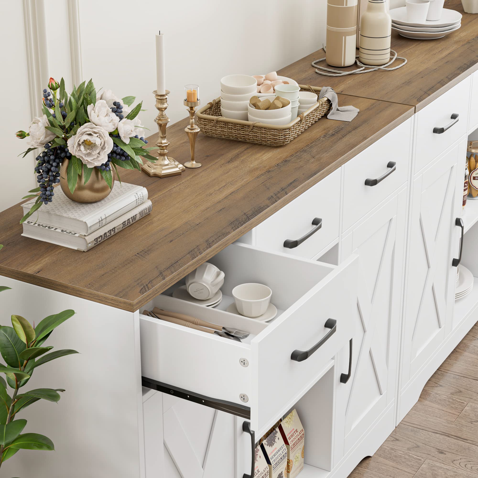 HOSTACK Modern Farmhouse Buffet Cabinet with Storage, Barn Doors Sideboard Buffet Storage Cabinet with Drawers and Shelves, Wood Coffee Bar Cabinet for Kitchen, Dining Room, Living Room, White