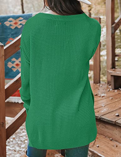 ZESICA Women's 2023 Casual V Neck Sweater Loose Long Sleeve Waffle Knit Button Henley Pullover Jumper Top,Green,Small