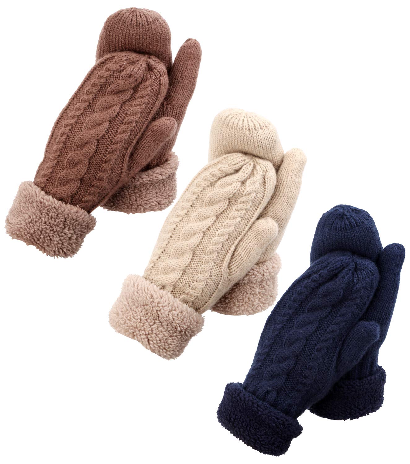 happion 3 Pairs Winter Mitten Gloves For Women, Warm Knit Thick Gloves With Thick Fleece Lining Gift