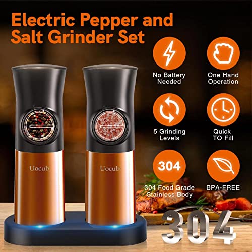 Gravity Electric Salt and Pepper Grinder Set - USB Rechargeable,Automatic Salt Pepper Mill with 5 Adjustable Coarseness, Ceramic Grinder with Bottom Cap, White LED Lights