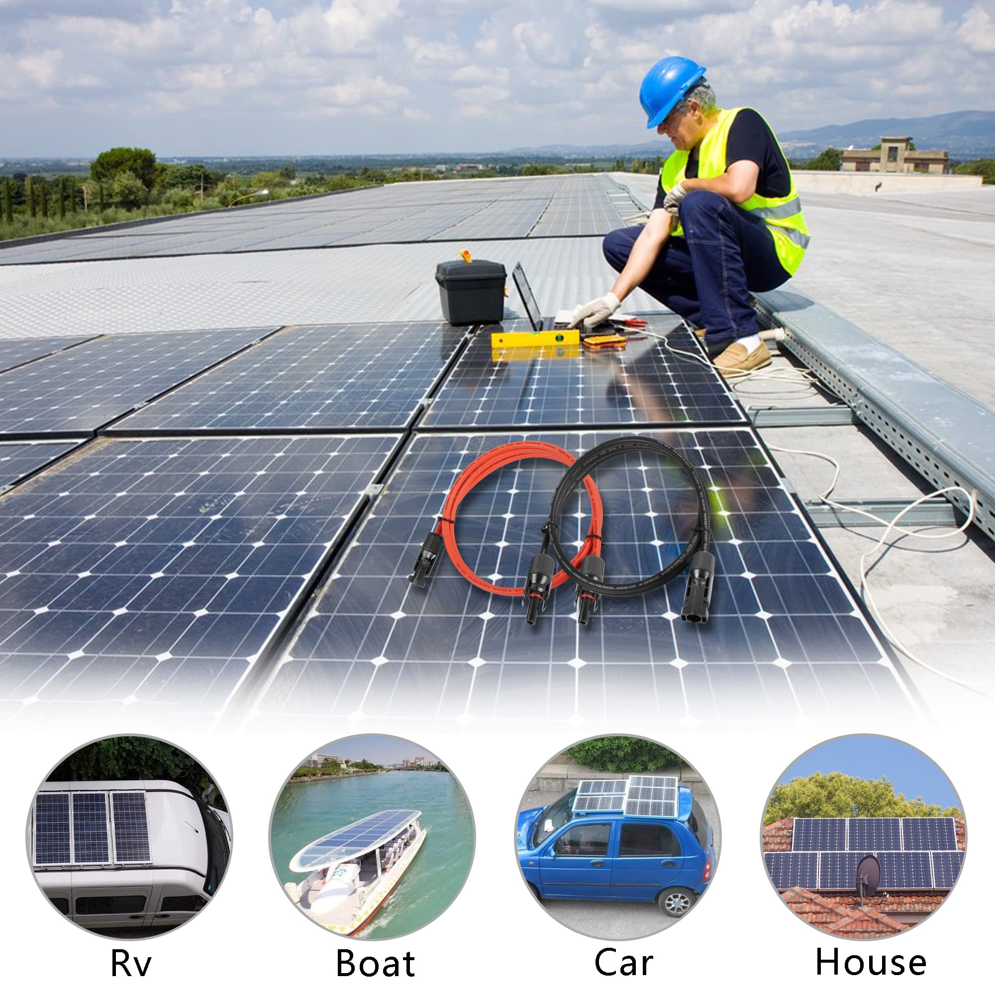PNGKNYOCN 12AWG Solar Panel Extension Cord,3FT 4mm² Solar Panel Adaptor Cable (Black Cord + Red Cord) with Male and Female IP67 Weatherproof Connector