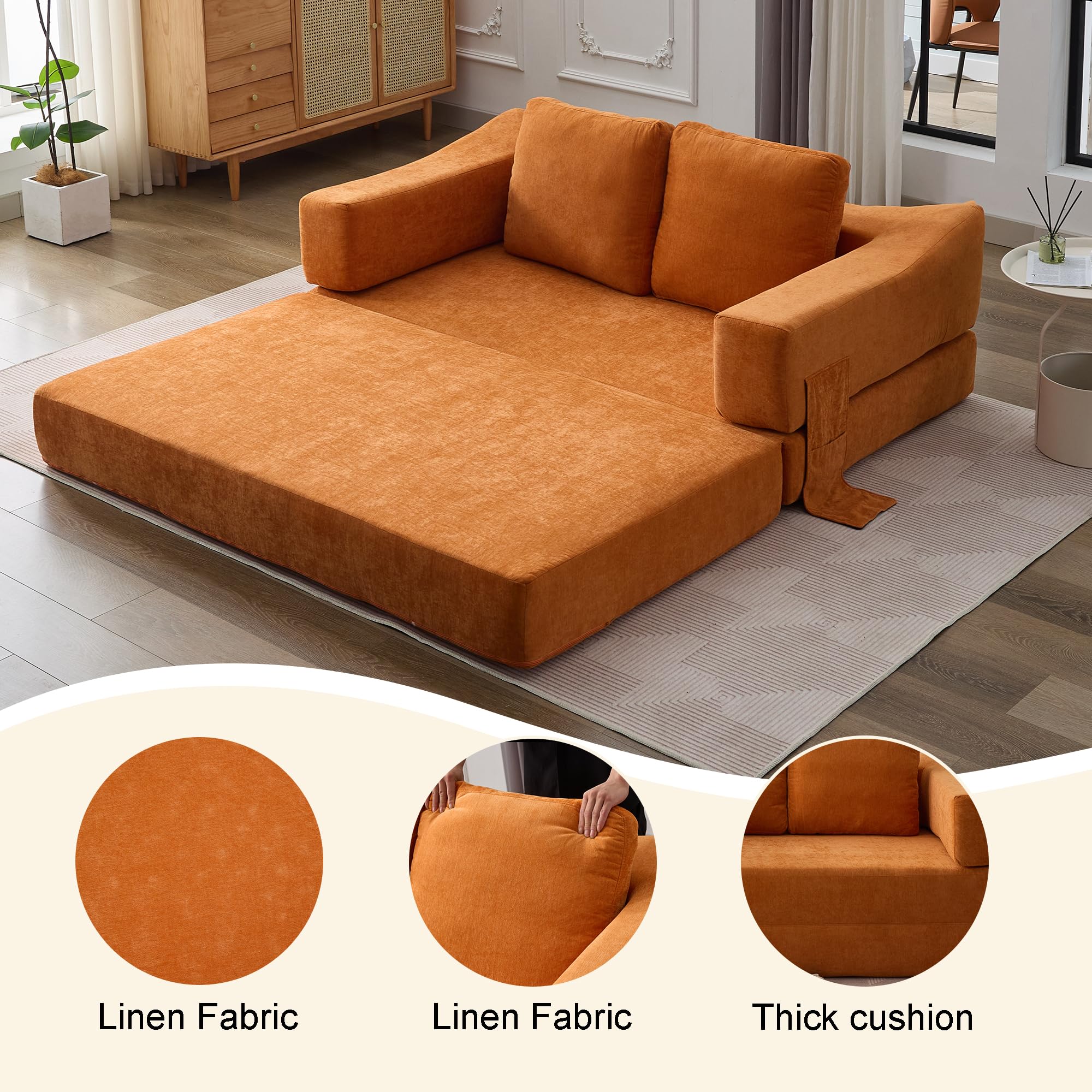 WILLIAMSPACE 70.87" Modern Loveseat Sofa Fold-Out Sofa Bed, Convertible Chair Floor Couch with Removable Backrest, Comfy Sofa for Living Room, Bedroom, Chenille Fabric (Orange)