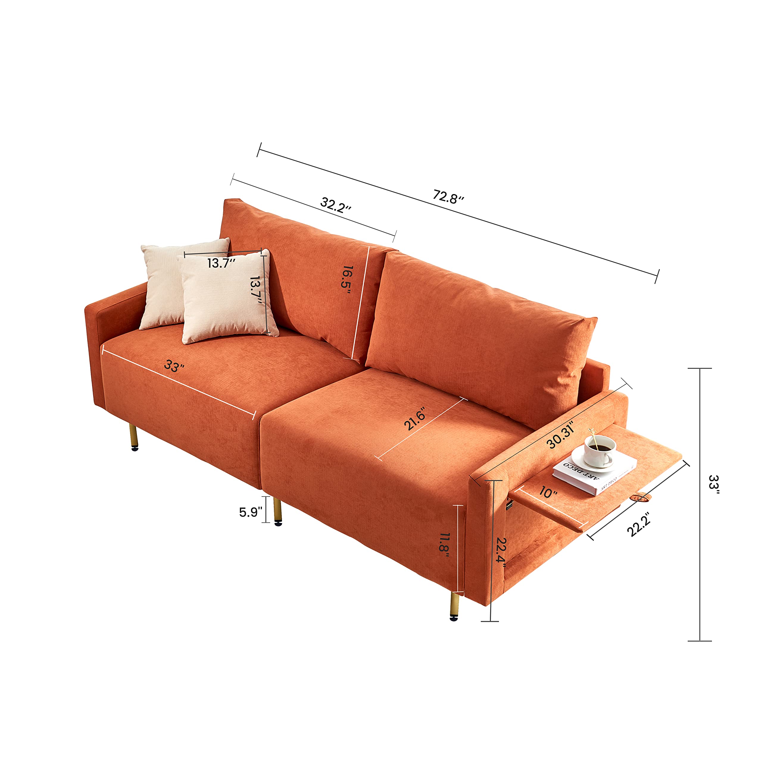 VASOENY 72.8 Inch Loveseat Sofa Couch, Mid Century Modern Linen Fabric Love Seats Sofa, 2 Seater Couches for Bedroon, Living Room, Apartment, Home Office(Orange)