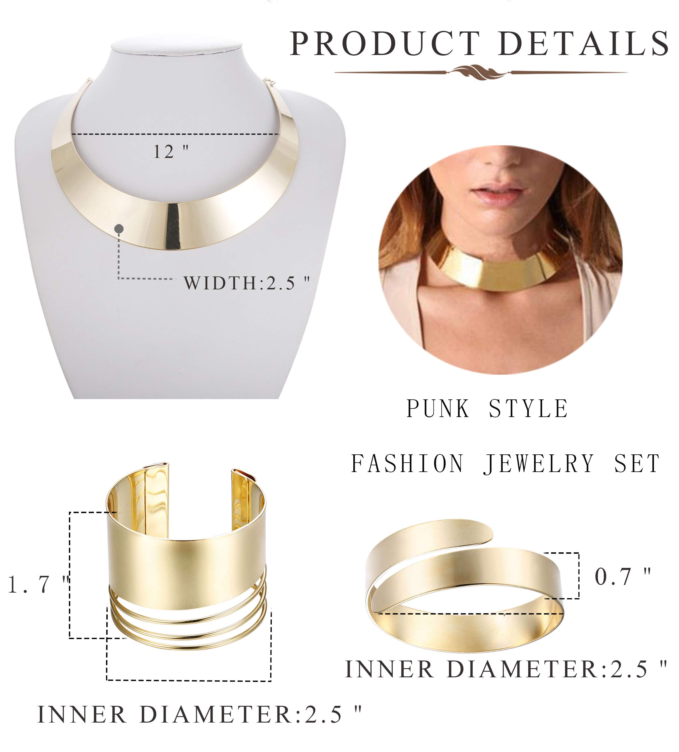 HANPABUM Women Gold Tone Choker Necklace and Cuff Bangle Bracelet Jewelry Set Exaggerated Punk Style (A:Gold Tone)