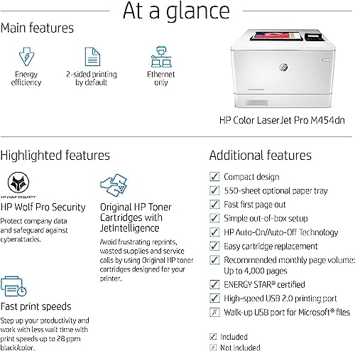 HP Color Laserjet Pro M454dn Wired Laser Printer with Ethernet Connectivity - Print only - 2-line Backlit LCD Display, 28 ppm, 600 x 600 dpi, 8.5 x 14, Auto Duplex Printing, Tillsiy Printer Cable
