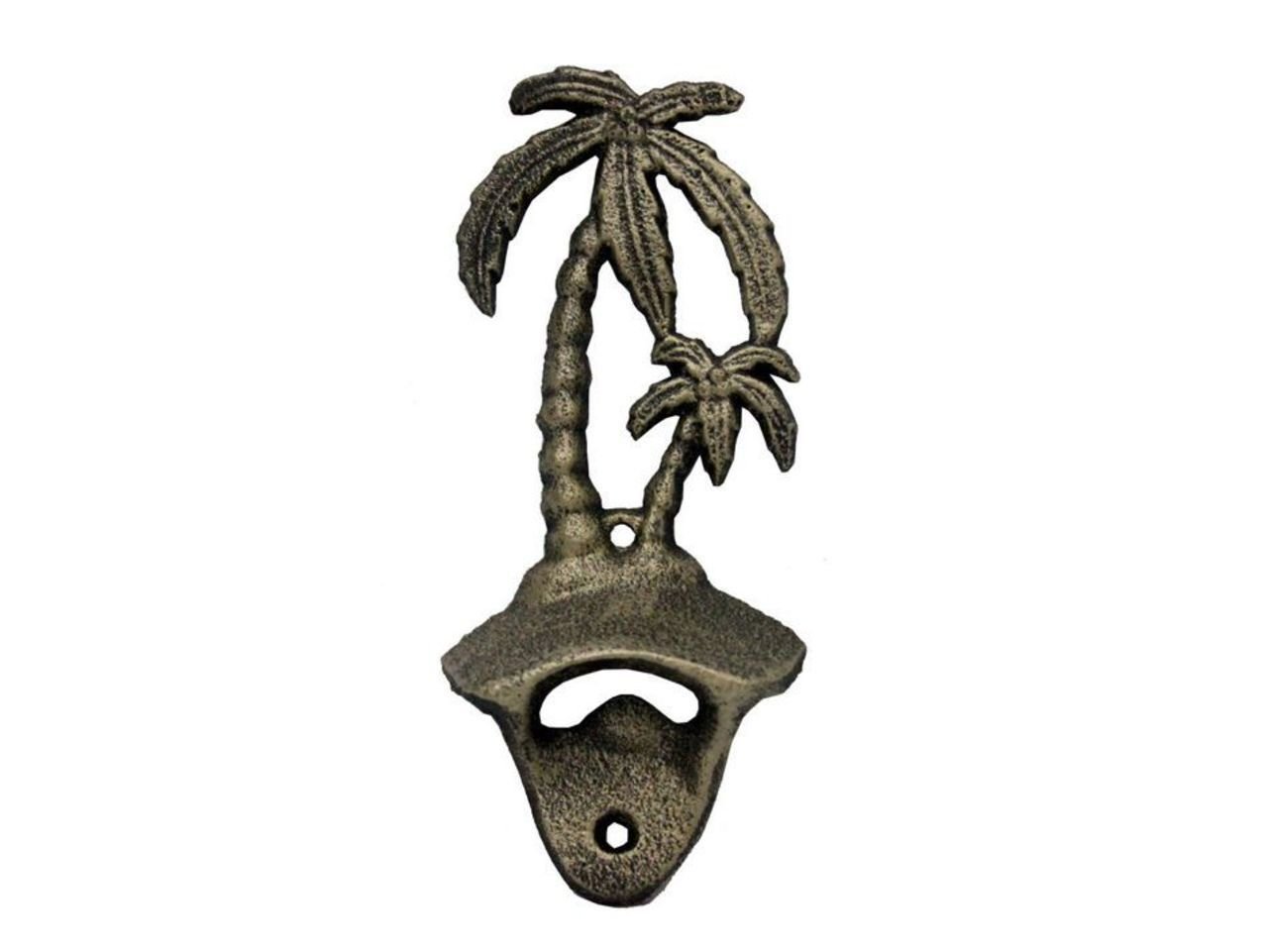 Hampton Nautical Rustic Gold Cast Iron Wall Mounted Palm Tree Bottle Opener 6" - Coastal Home Decor - Beach Decorating