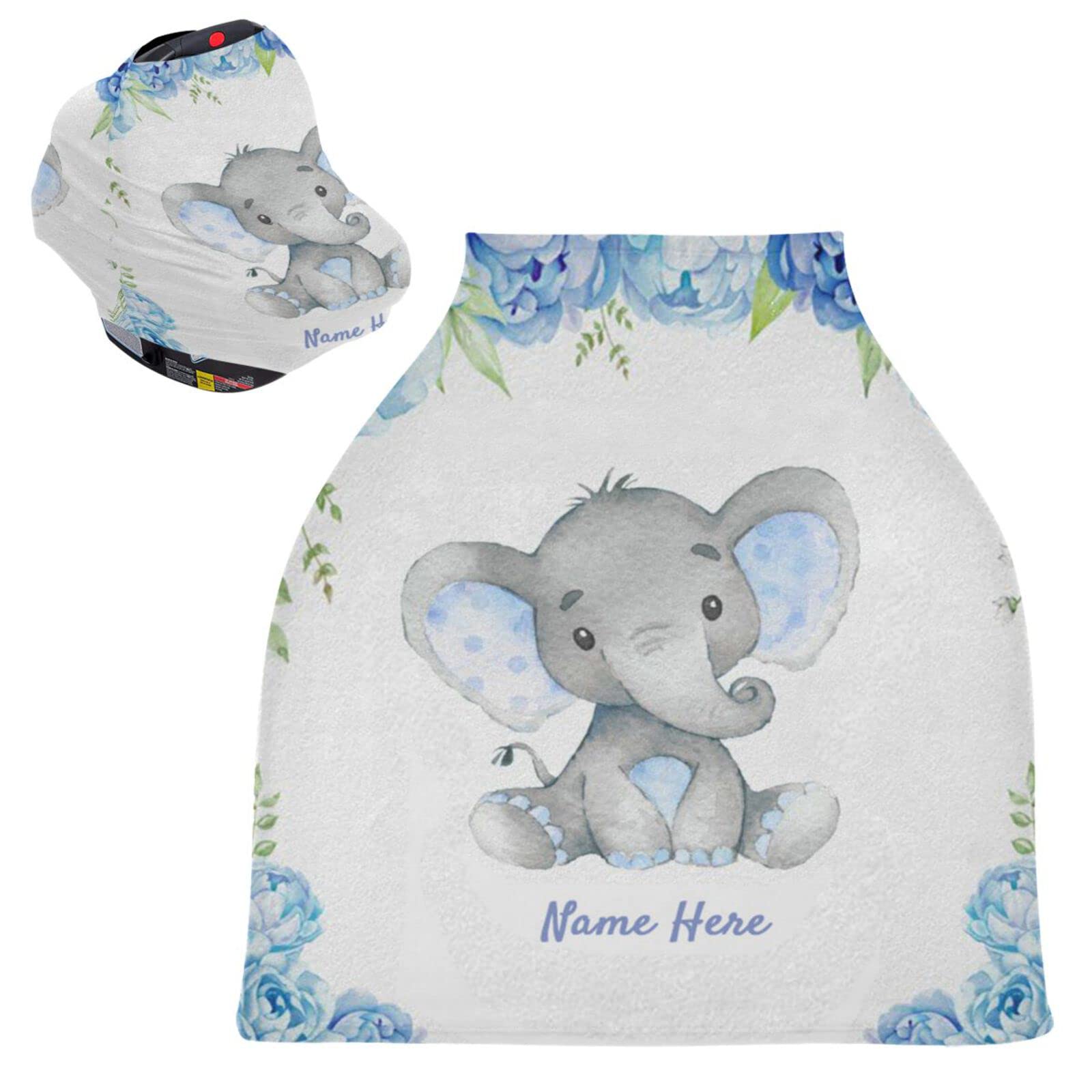 Personalized Baby Car Seat Cover with Name & Date, Custom Cute Elephant Baby Car Seats Canopy for Boys Girls, Nursing Breastfeeding Stroller Covers, Gift for Newborn Infant