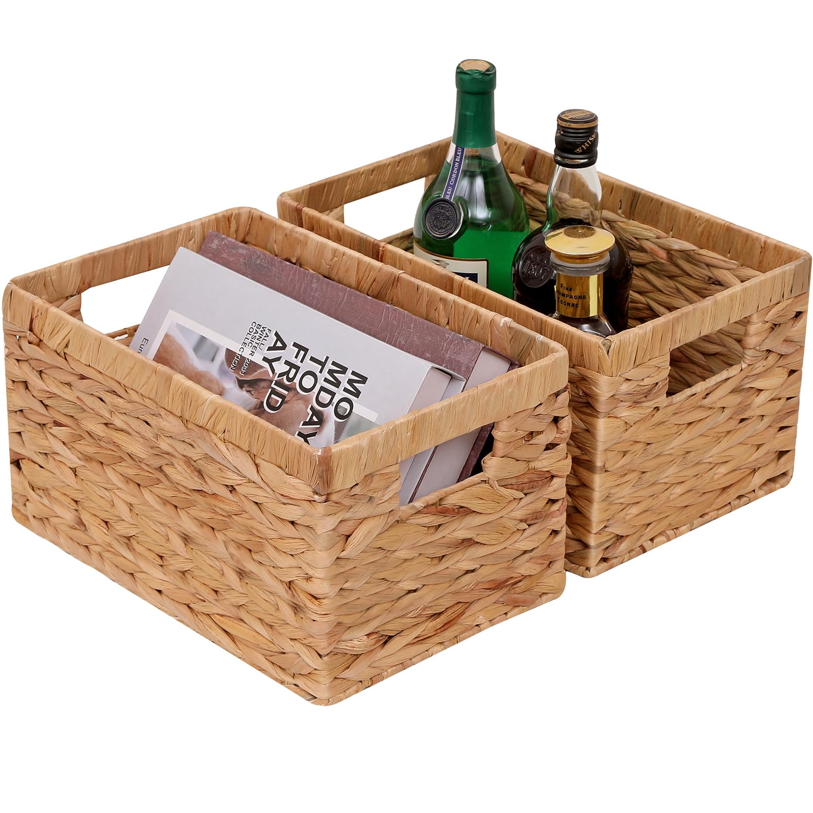 Storage Basket Rectangle Seagrass Basket Water Hyacinth Basket,Decorative Storage Baskets with Built-in Handles,Woven Basket for Organizing Pantry Toilet Tank,(Natural Hyacinth,2-Pack)